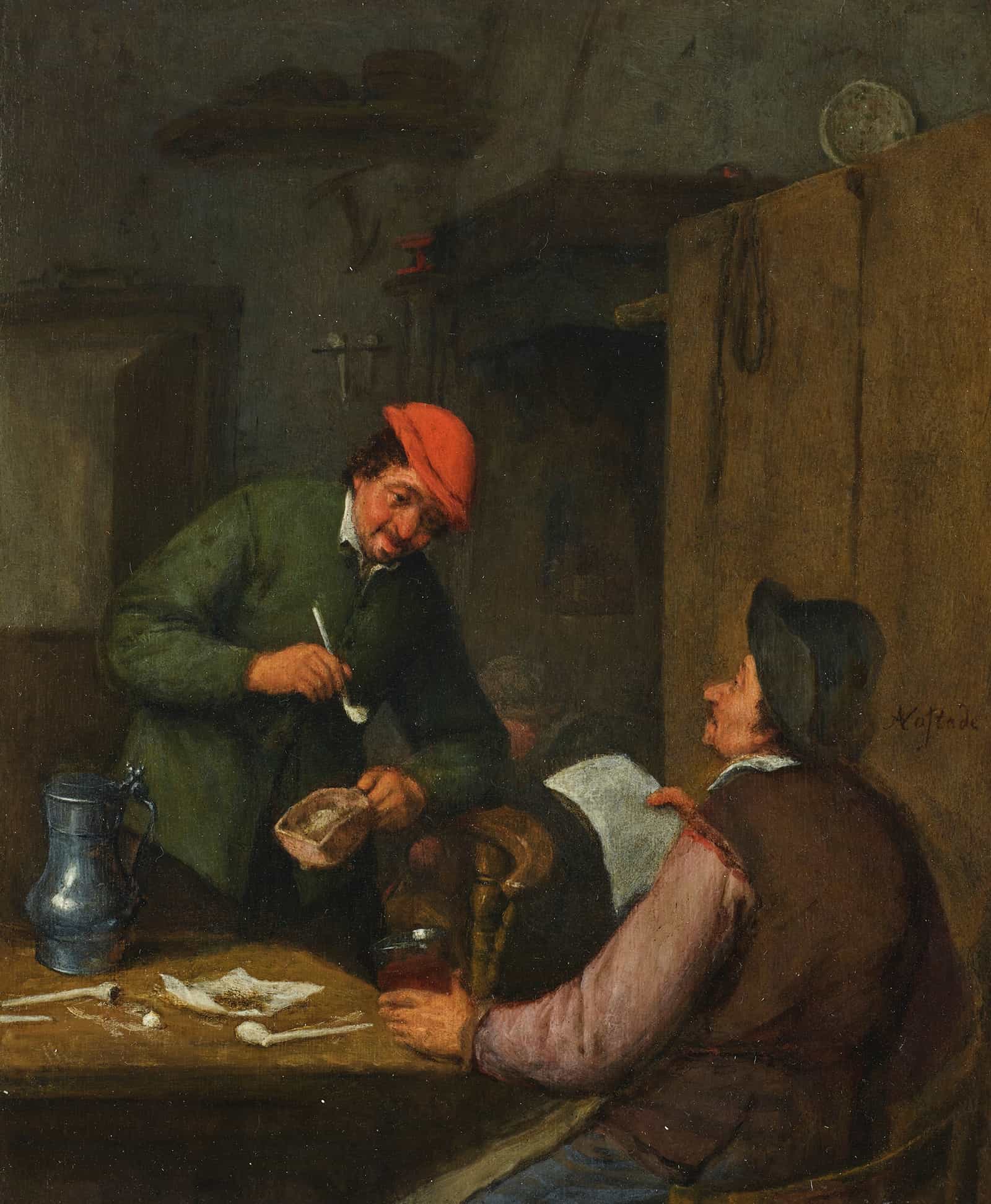 Two Peasants Smoking Drinking And Reading At An Inn by Adriaen Van ...